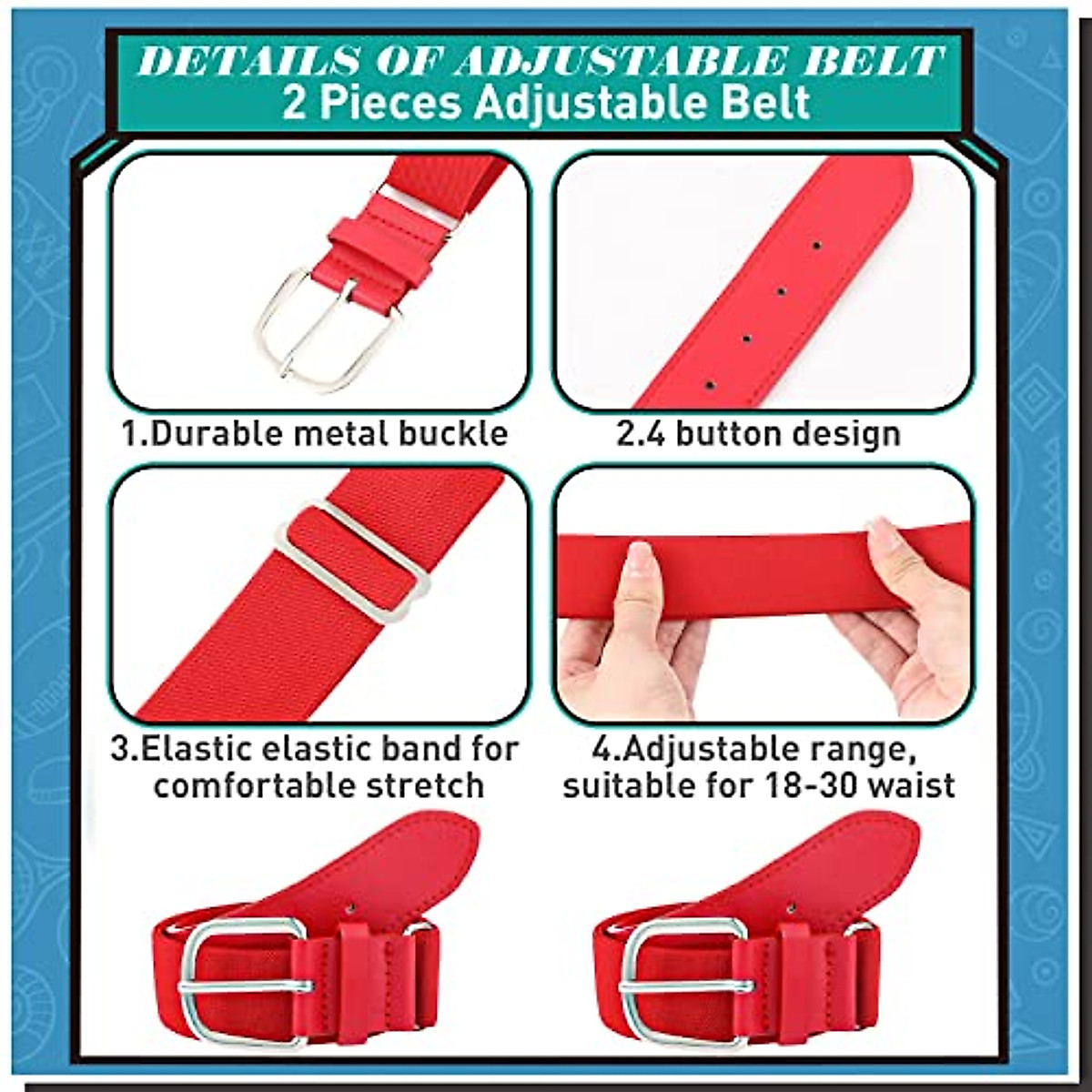 Newcotte 4 Pairs Baseball Sock and 2 Pcs Belt Combo Set Adjustable Softball Sock for Youth Boys Girls Kids Adult, Red (Medium)