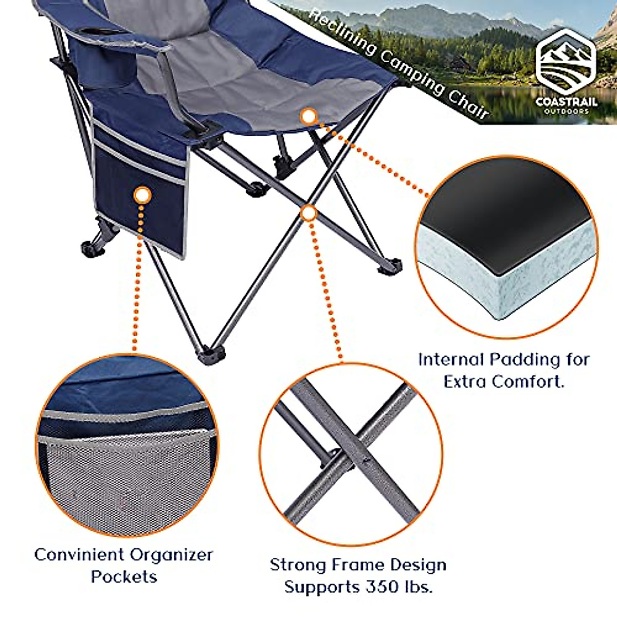 Coastrail Outdoor Reclining Camping Chair 3 Position Folding Lawn Chair for Adults Padded Comfort Camp Chair with Cup Holders, Head Bag and Side Pockets, Supports 350lbs, Blue&Grey