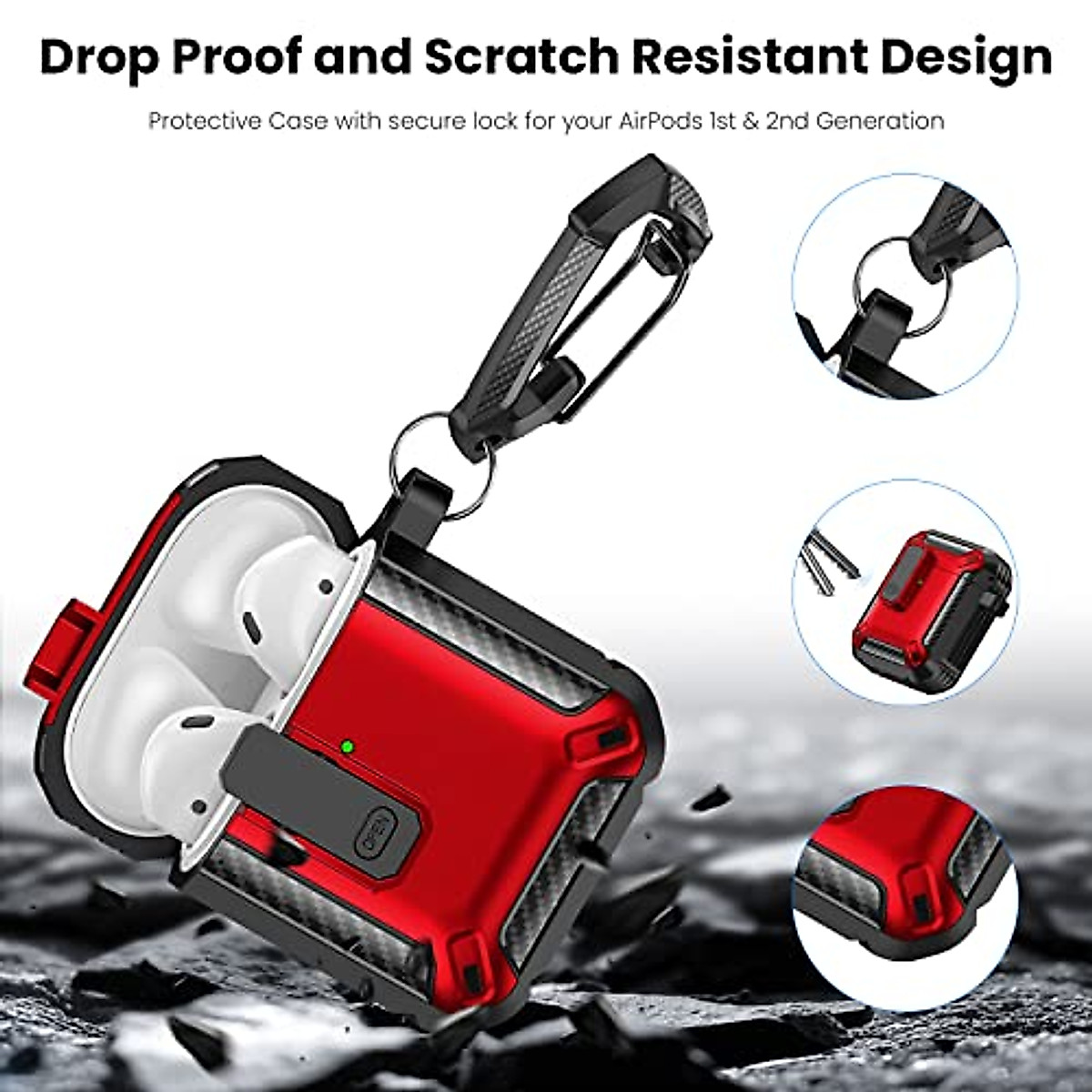 ACAGET for Airpods Case, Airpods 2nd Generation Case Cover with Keychain, Secure Lock Full Body Protective Rugged Shockproof Hard Shell Armor Case for AirPods 1 & 2 Supports Wireless Charge Black/Red
