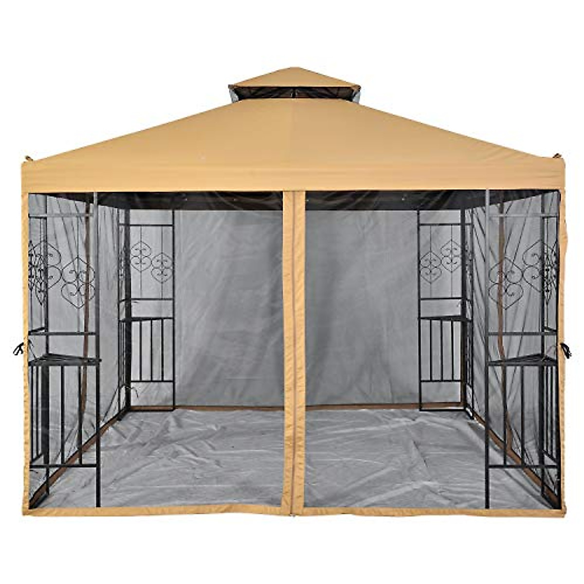 SUNA OUTDOOR 10x10 Ft Outdoor Gazebo Steel Frame Two-Tiered Top Canopy, Heart Screen Decor Gazebo with Adjustable Netting for Garden Backyard, Beige