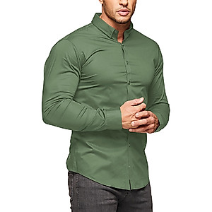 URRU Men's Muscle Dress Shirts Slim Fit Stretch Long Sleeve Casual Button Down Shirts Army Green M