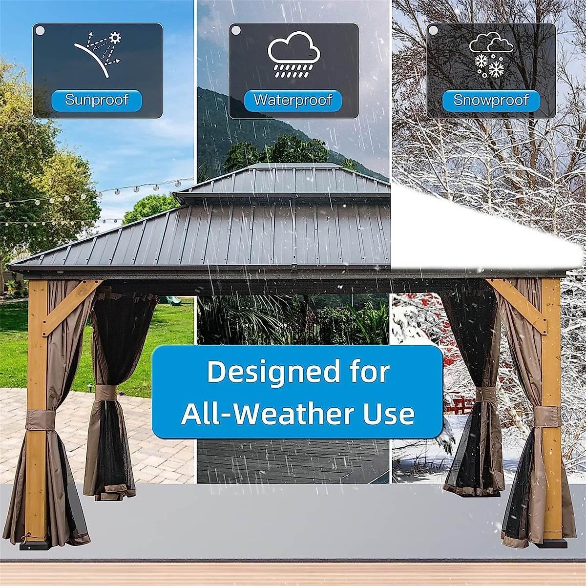 12'x14' Hardtop Gazebo, Outdoor Cedar Wood Frame Canopy with Galvanized Steel Double Roof, Outdoor Permanent Metal Pavilion with Curtains and Netting for Patio, Backyard and Lawn(Brown)