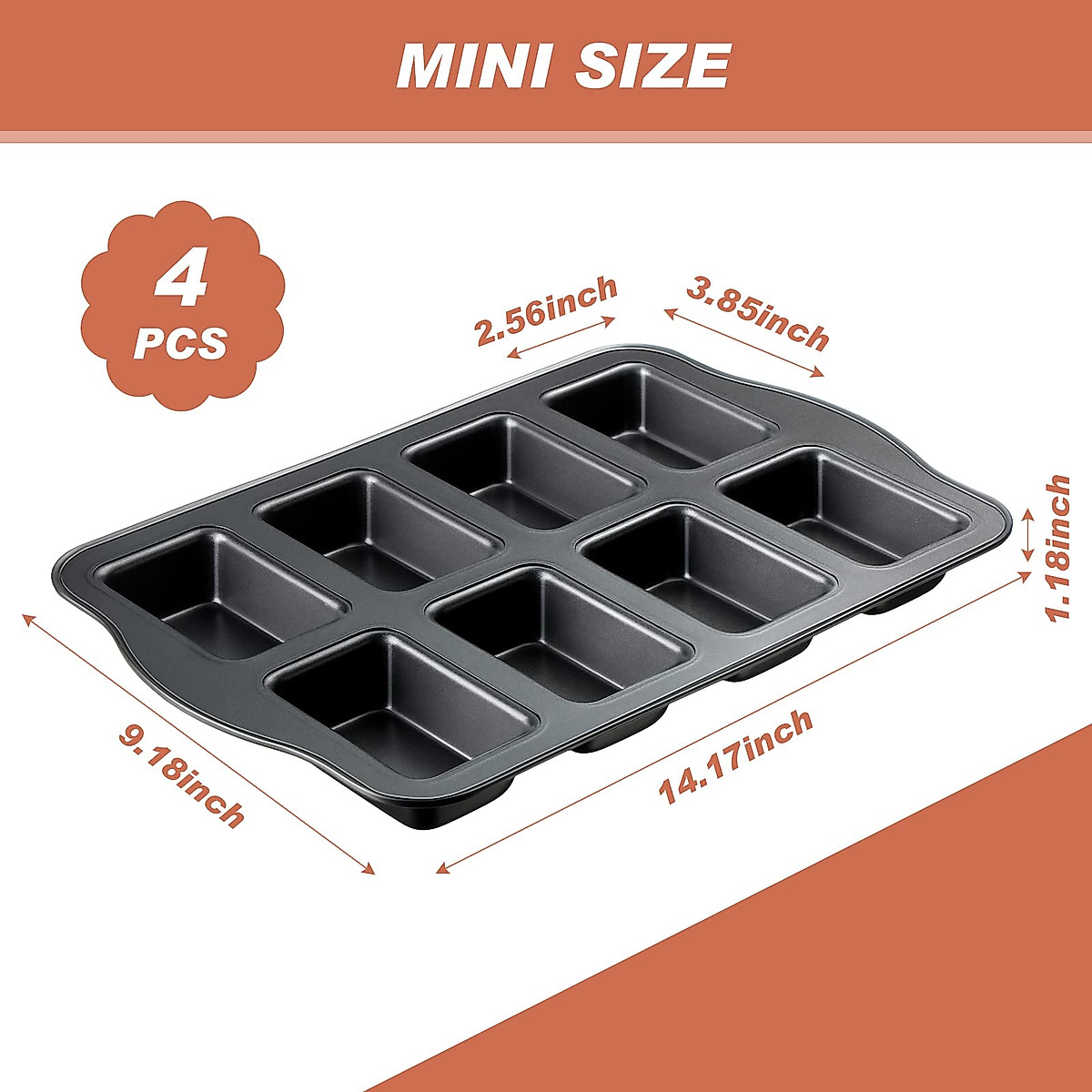 Yinder 4 Pcs Mini Loaf Pan, Carbon Steel with Non-Stick Coating, Rectangular, 17 x 9.45 x 1.18 Inch, Black Gray