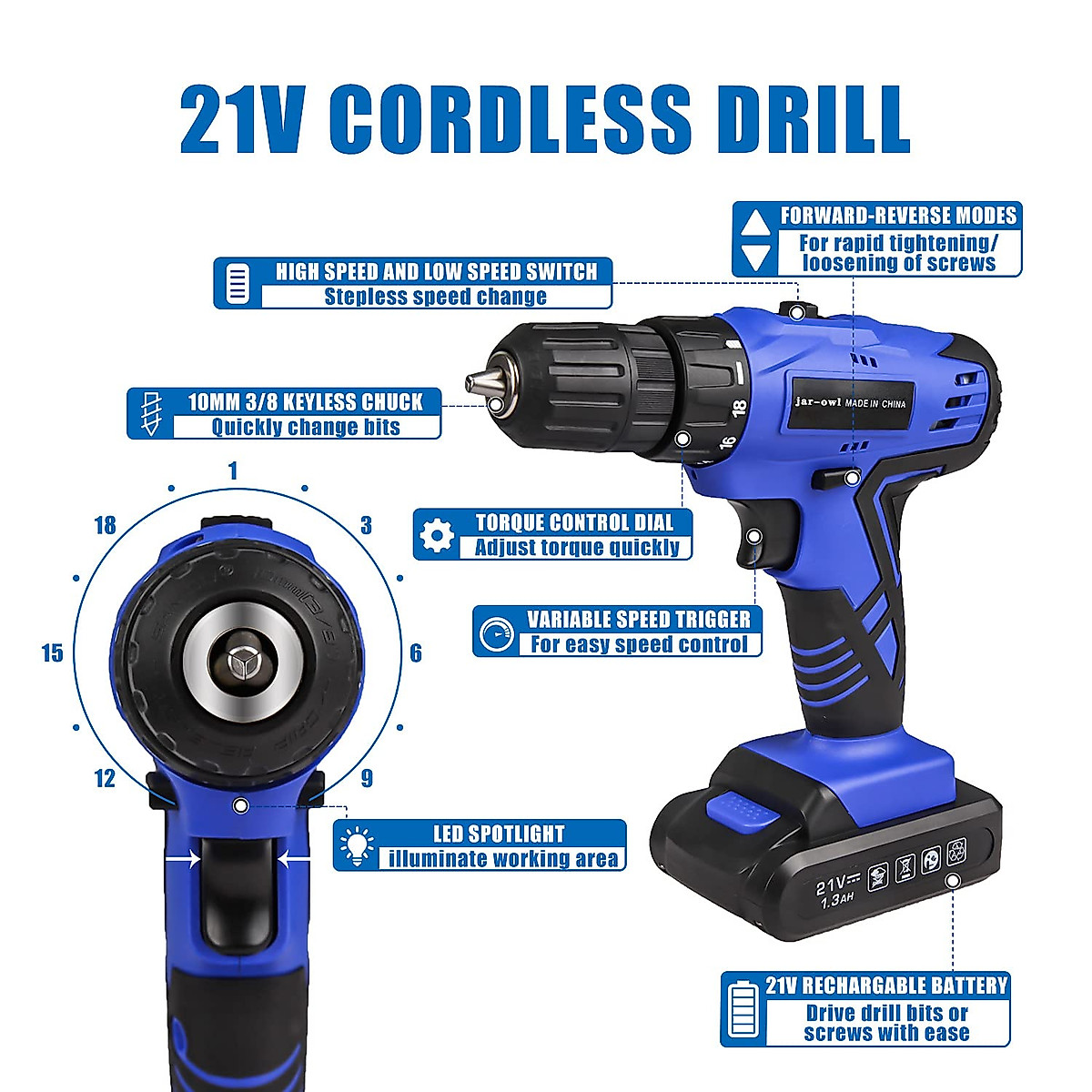 jar-owl 21V Tool Set with Drill, 350 in-lb Torque, 0-1350RMP Variable Speed, 10MM 3/8'' Keyless Chuck, 18+1 Clutch, 1.5Ah Li-Ion Battery & Charger for Home Tool Kit
