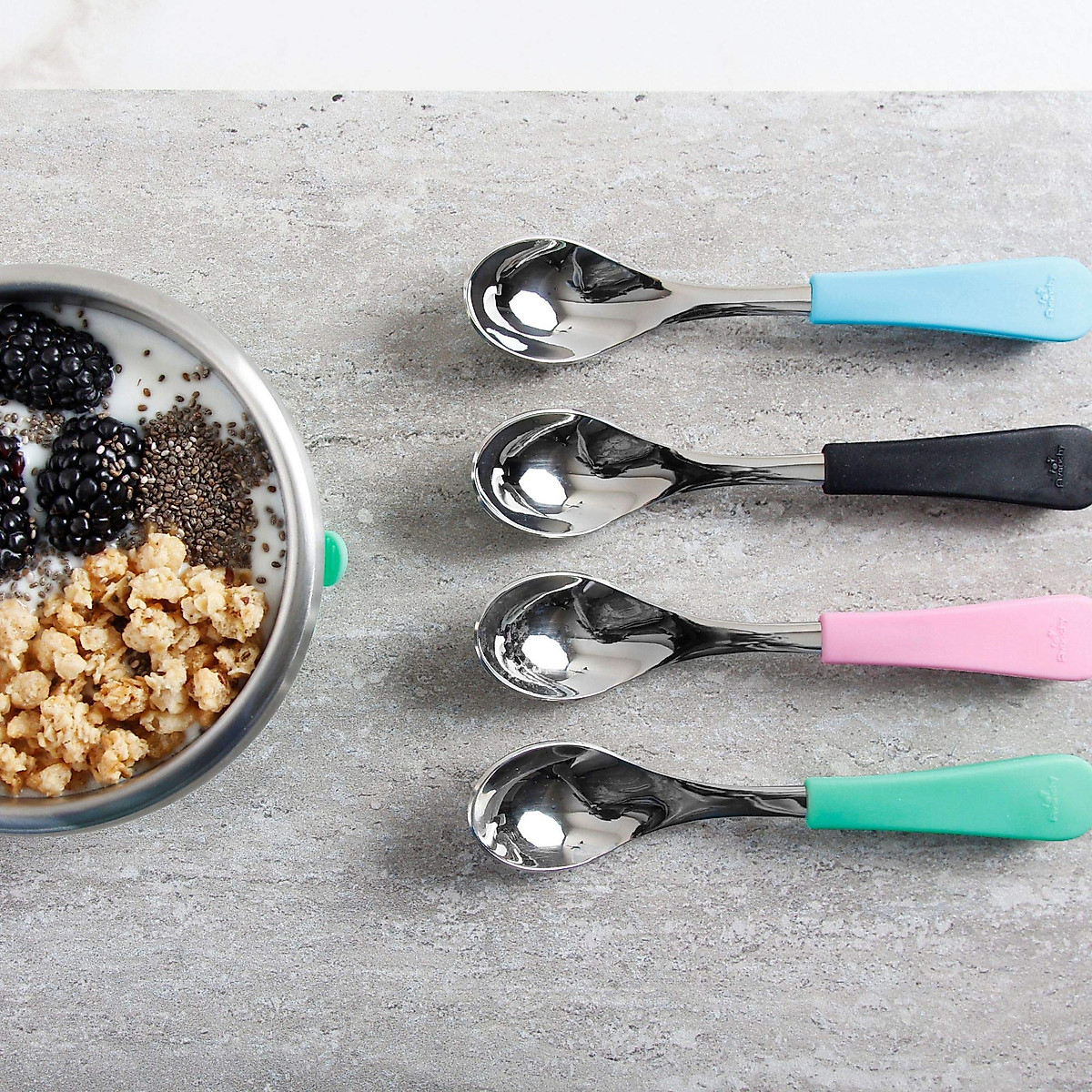 Avanchy Baby Spoons and Forks Stainless Steel and Silicone Set, Self Feeding Food Utensils, 4 Months Baby Led Weaning, 2 Pack, Green Spoon, Fork