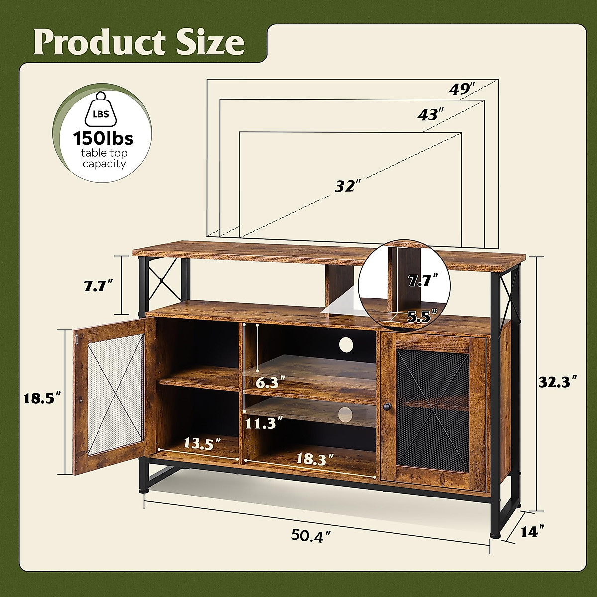 WLIVE TV Stand 55 inch TV, Tall Entertainment Center with Storage, Farmhouse Industrial TV Console for Bedroom Living Room, Rustic Brown