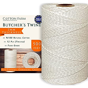 Cotton Farm Cooking Twine, 500 Feet String, 0.1 Inch (2mm) Thickness, Twisted (Extra Strong), 100% Unbleached Cotton - Butchers Choice for Cooking