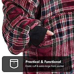 DEGREES OF COMFORT Original Sherpa Wearable Blanket Hoodie, Oversized Hooded Sweatshirt Blankets, One Big Size Fits All, 38x32 Red Plaid