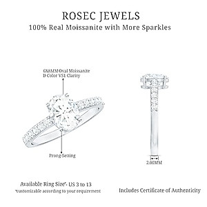 Rosec Jewels Certified Moissanite 6X8 MM Oval Engagement Ring for Women, D-VS1 Quality, Oval Cut Engagement Ring - Ready To Gift, 14K White Gold, Size:US 6.00