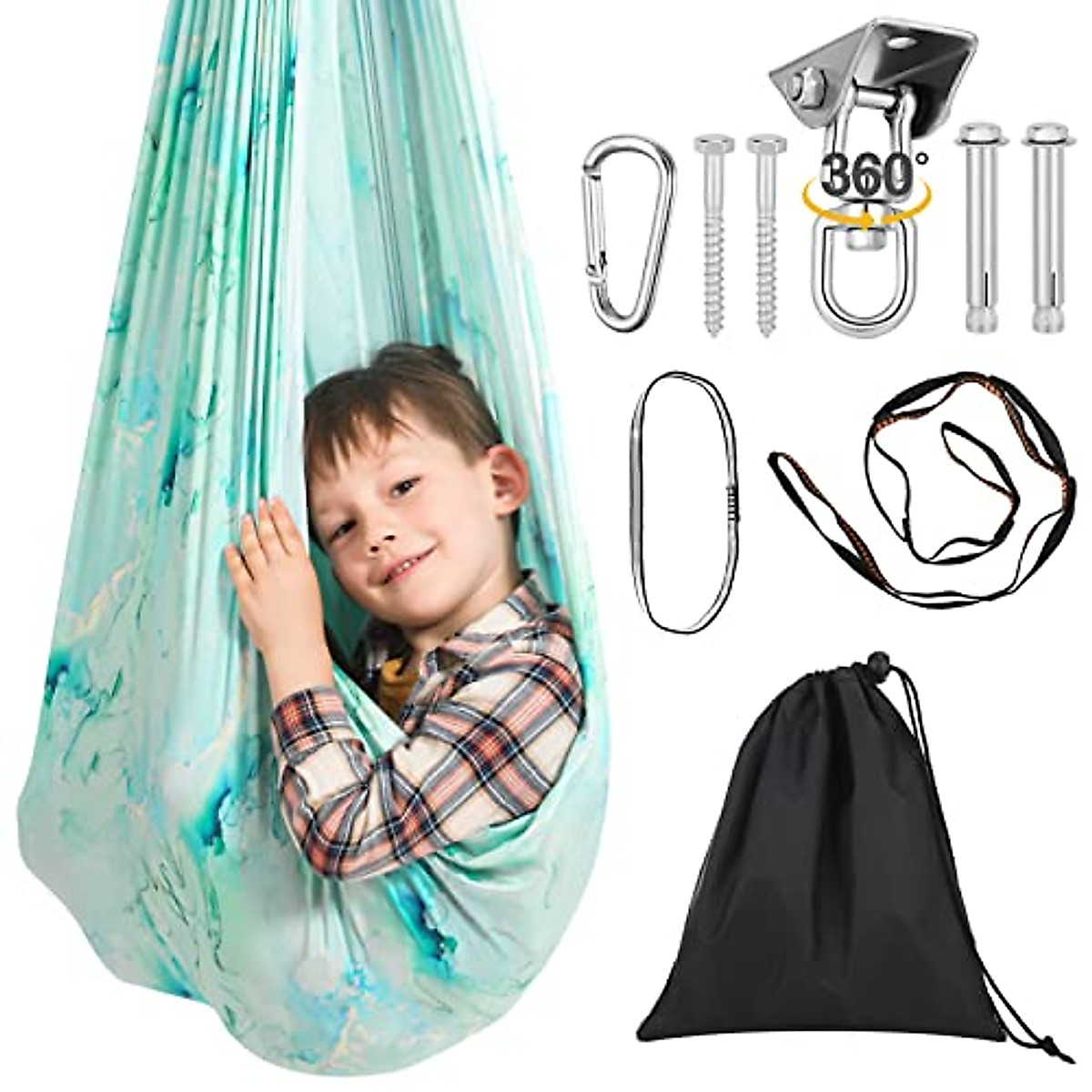 KABOER Indoor Outdoor Cuddle Sensory Swing,Therapy Hammock Swings with 360° Swivel Hanger Hanging Calming Compression Therapy Swing for Child&Adults to Play&Calm, Max Weight 200lbs,Marbling