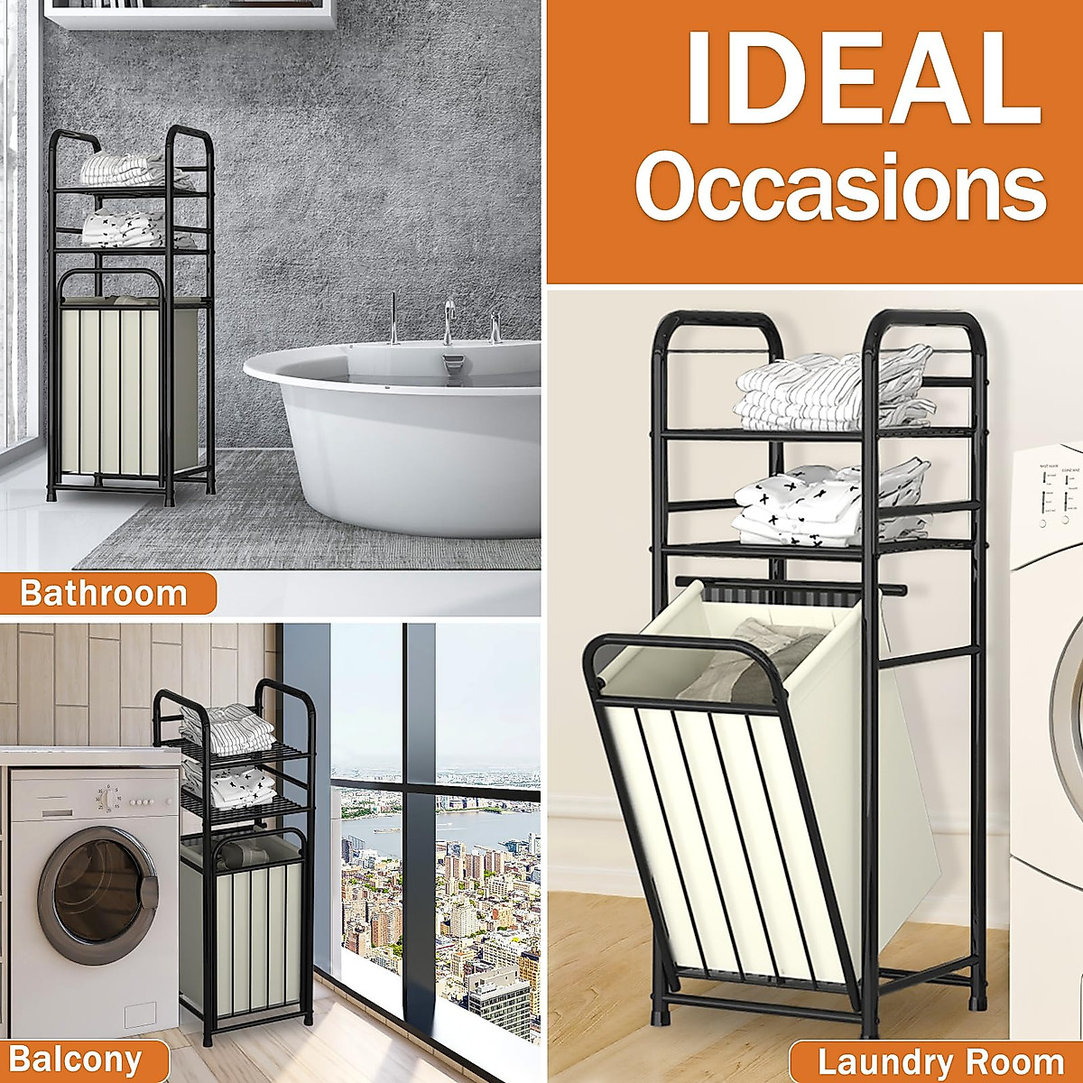 Tilt Out Laundry Hamper with 2 Tier Shelves,Laundry Basket with Removable Liner Bag,Clothes Hamper with Divided Bag for Laundry Room, Bathroom, Bedroom,45 Liter