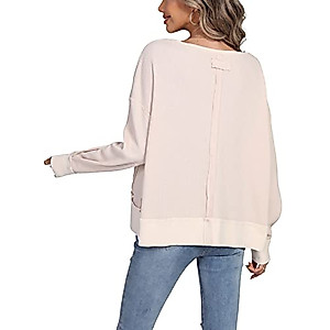 LYANER Women's V Neck Waffle Knit Long Sleeve Loose Pullover Sweatshirt Sweater Top Beige Medium