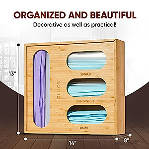 HidzBasics Ziplock Bag Organizer – Bamboo Ziplock Bag Storage Organizer for Gallon, Quart, Sandwich, and Snack Size Food Bags – Baggie Organizer for Kitchen Drawer and Pantry – Wooden Slider Lid