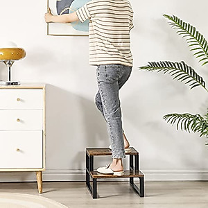 IBUYKE 2-Step Wooden Step Stools for Kids Adults,with Metal Frame, Holds Up to 500lb, Bedside Steping Foot Stool for Bedroom, Livingroom, Kitchen, Rustic Brown TBD002H
