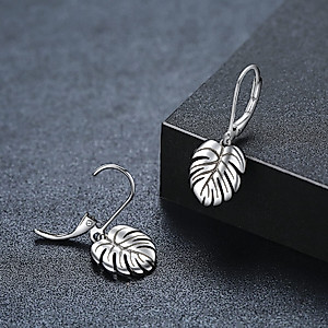 Monstera Earrings 925 Sterling Silver Leverback Earrings Palm Leaves Tropical Earrings Plant Dangle Drop Earring for Women Fashion Jewelry