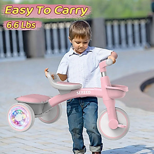 SEREED Colorful Lighting Toddler Tricycle for 2-5 Years Old Girls, Adjustable Seat&Handlebar Trike, Removable Basket, Birthday Gift Idea for Kids Ages 2+ (Pink)