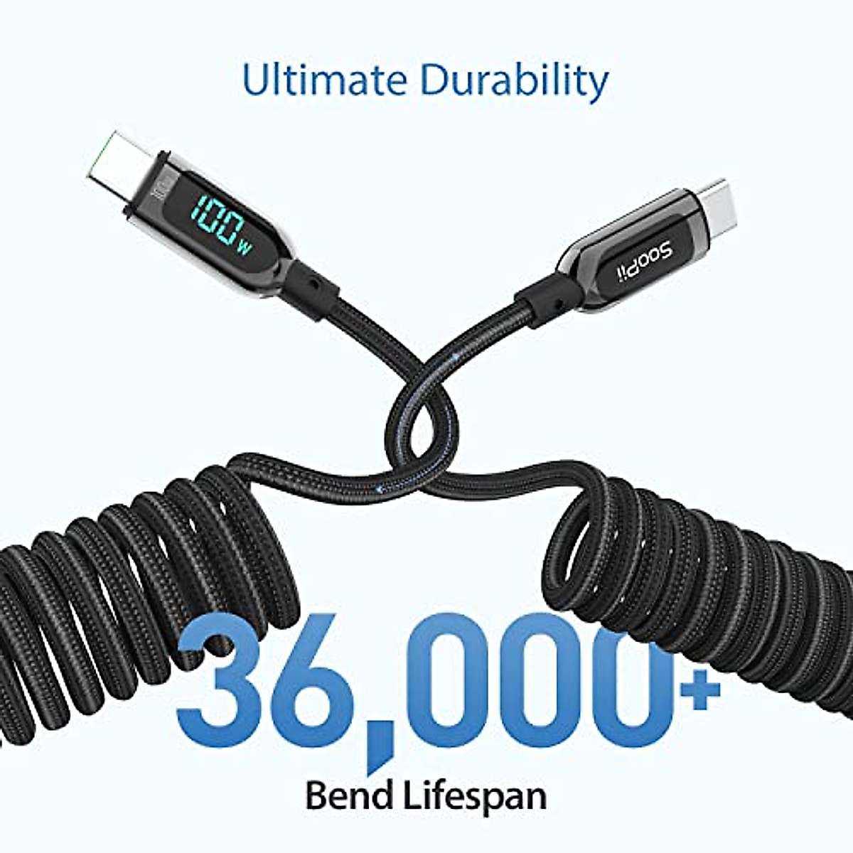 SooPii 100W Coiled USB C Cable: Fast Charge & LED Display