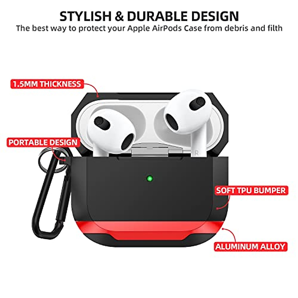 MUCOKE Compatible with AirPods 3 Case 2021, Aluminum Alloy and Shockproof TPU Protective Cover, Compatible with AirPods 3rd Generation Case, with Keychain (Red Black)