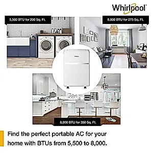 Whirlpool 8000 BTU Portable Air Conditioner For Rooms up to 350 Sq.Ft. with Remote, Digital Display, 24H Timer, and Auto Restart