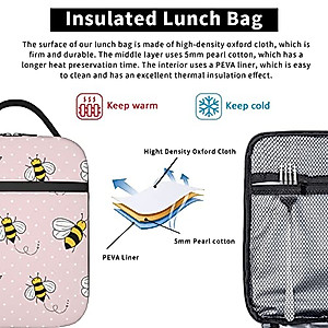 BQIUULO Cute Bees on Pink Lunch Bag for Men Women Tote Insulated Cooler Bags Reusable Lunch Box for College Work Office Picnic