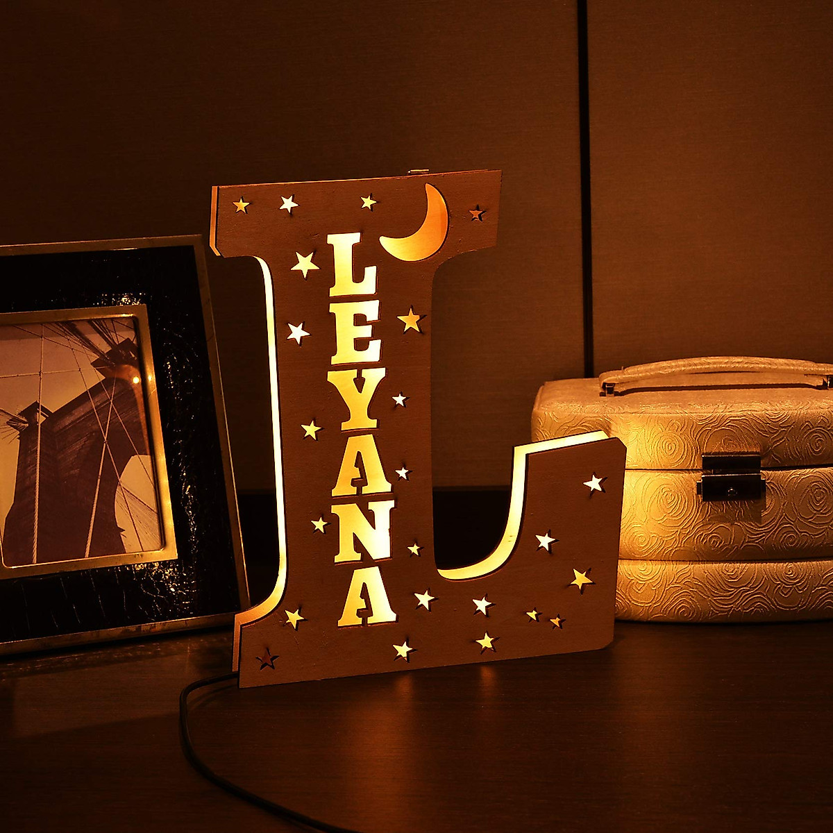 Name-Specific Wooden lamp Personalized Wood Letter Wall Light & Custom Sign Letters Wooden for Kids Room Wooden Children's Moon Stars Bedside lamp (Yellow)