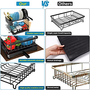 Dish Drying Rack, Large 2 Tier Dish Drying Rack with Drainboard, Dish Racks for Kitchen Counter with Pot Rack Cutting Board Rack Cup Rack Utensils Holder, Dish Drainer with Extra Drying Mat Cup Brush