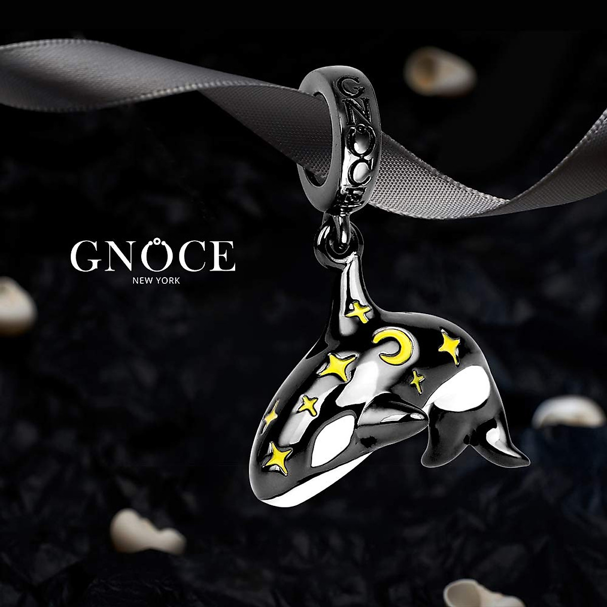 GNOCE Star Killer Whale Charm Pendant Sterling Silver Black Whale Charm Bead Fit Bracelet/Necklace Charm for Women Men