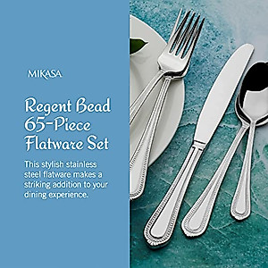 Mikasa Regent Bead 65 Piece Silverware Set, 18.10 Polished Mirror Stainless Steel, Service for 12 with Serving Set