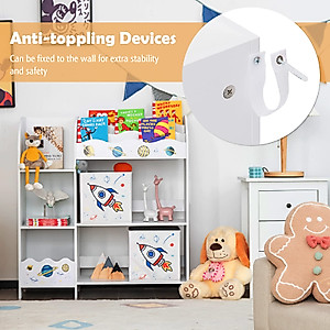 Costzon Toy and Book Organizer for Kids, Wooden Storage Display Cabinet Bookshelf w/5 Open Shelves, 2 Storage Boxes and 3 Slots, Kids Storage Unit for Playroom, Classroom, Living Room (Rocket)