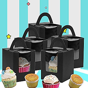 BILLIOTEAM 60PCS Black Single Cupcake Boxes, Clear Window Inserts Handle Cupcake Muffins Cupcake Carriers Pastry Containers Bakery Wrapping Party Favor Packing For Wedding Cupcake Favor Boxes