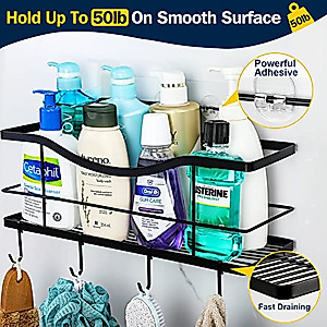 AOZITA 2 Pack, Large Adhesive Shower Caddy Shelves with 8 Hooks - Wall Hanging Bathroom Organizer Basket for Shower Room - Shower Racks for Inside Shower Storage - SUS304 Stainless Steel, Matte Black