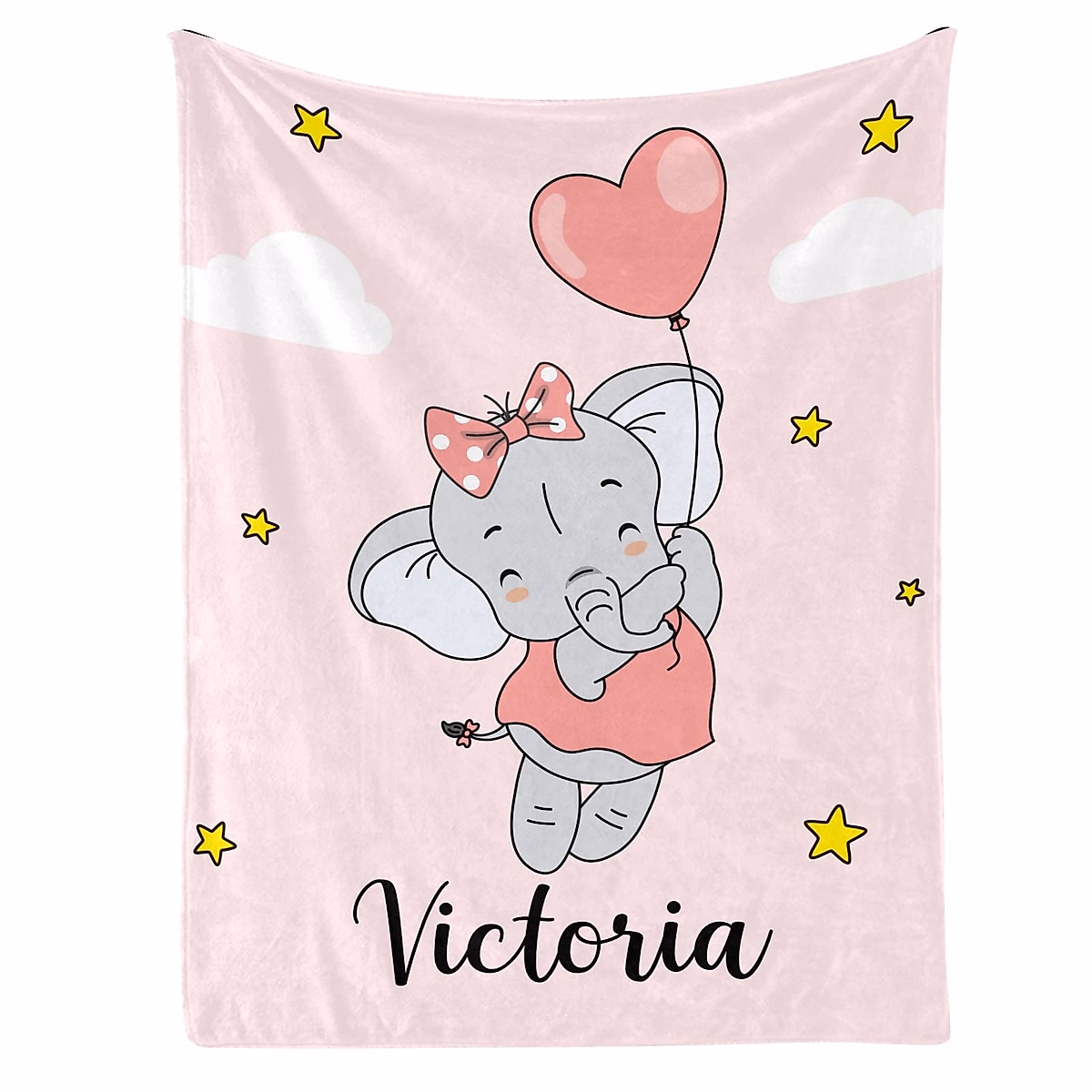Elephant Flying Balloon Personalized Monogramed Baby Shower Blanket for Baby Girl Boy, Custom Name Soft Warm Newborn Throw Blanket 30X40 in