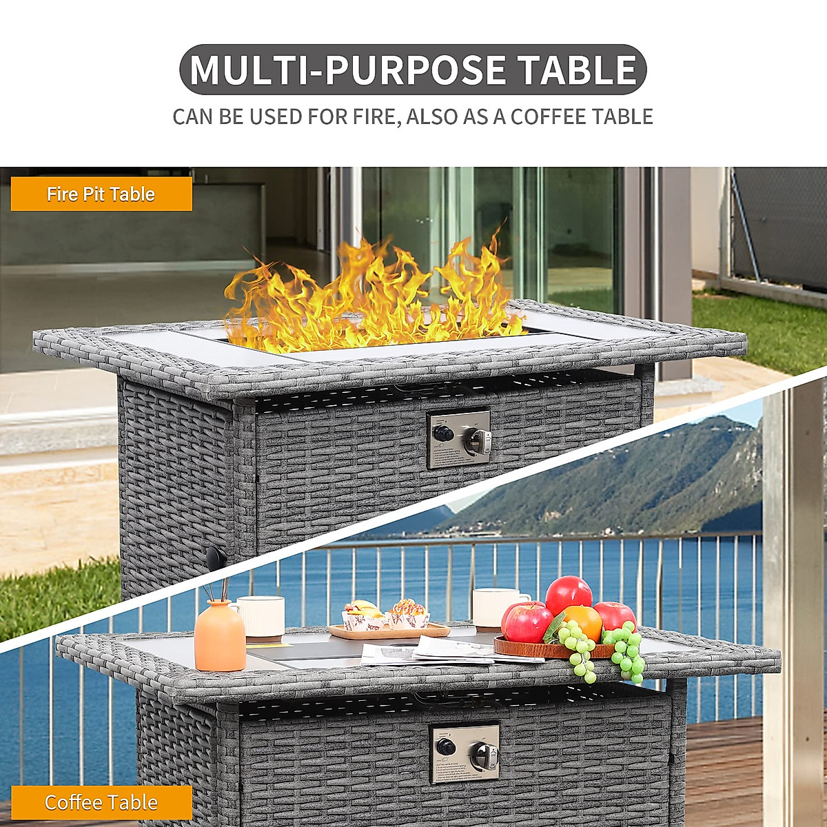60000 BTU Wicker Gas Fire Pit Outdoor Fire Pit Table 45 Inch Fire Pits for Outside with Woodgrain Marble Tabletop Fire Pit Cover and Blue Crystal Beads