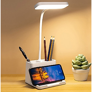 LED Desk Lamp with Pen & Phone holder, USB Rechargeable Book Reading Light,Eye-Caring Study Lamp for Kids, Touch Table Lamp with Flexible Gooseneck for Home,Office,3 Color Modes & Stepless Dimming