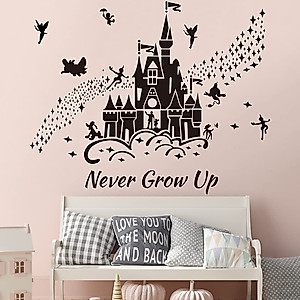 Supzone Castle Wall Stickers Fairy Tale Castle Wall Decal Never Grow Up Quotes Stars Wall Decor DIY Mural Art for Baby Nursery Room Kids Bedroom Playroom-Black