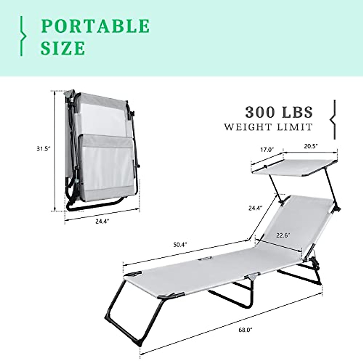 VINGLI Folding Chaise Lounge, Adjustable 4 Position Patio Chair Recliner, Sunbathing Chair for Beach Outdoor Pool Patio Deck (Grey, with Canopy)