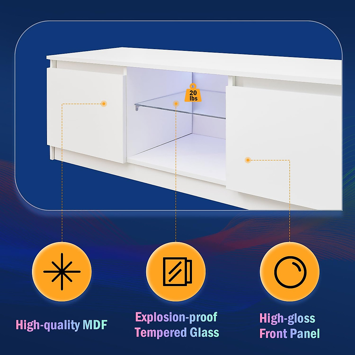 Boloni White TV Stand with LED Light for 55 Inch TV, Modern Entertainment Center Stand with 2 Drawer Storage, Media Console Cabinet with Color-Changing Lighting for Living Room
