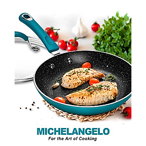 MICHELANGELO Nonstick Frying Pan with Lid, 10 Inch Frying Pan Nonstick, Enameled Non Stick Frying Pan with Silicone Handle, Nonstick Skillet with Granite Interior, Cyan