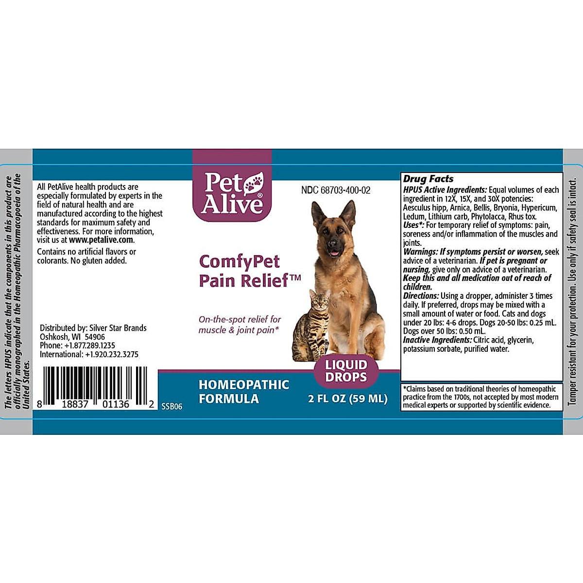 PetAlive ComfyPet Pain Relief - Natural Homeopathic Formula for Minor Aches and Pains in Dogs and Cats - Temporarily Reduces Minor Discomfort in The Muscles and Joints - 59 mL