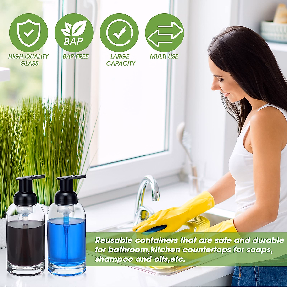 Eccliy 4 Pack 13 Oz Clear Glass Jar Soap Dispenser with Foaming Pump, Clear Thick Hand Liquid Dish Soap Dispenser Round Bottles for Bath Home Kitchen Oil Lotion(Clear)