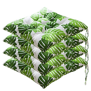 WEIGE Set of 4 Dining Room Chair Cushions seat Cushions with Ties Filled with Cotton Quilted Design Square Chair Cushions for The Kitchen Dining Room Garden Office car (Green Leaf) WEI, 40*40cm