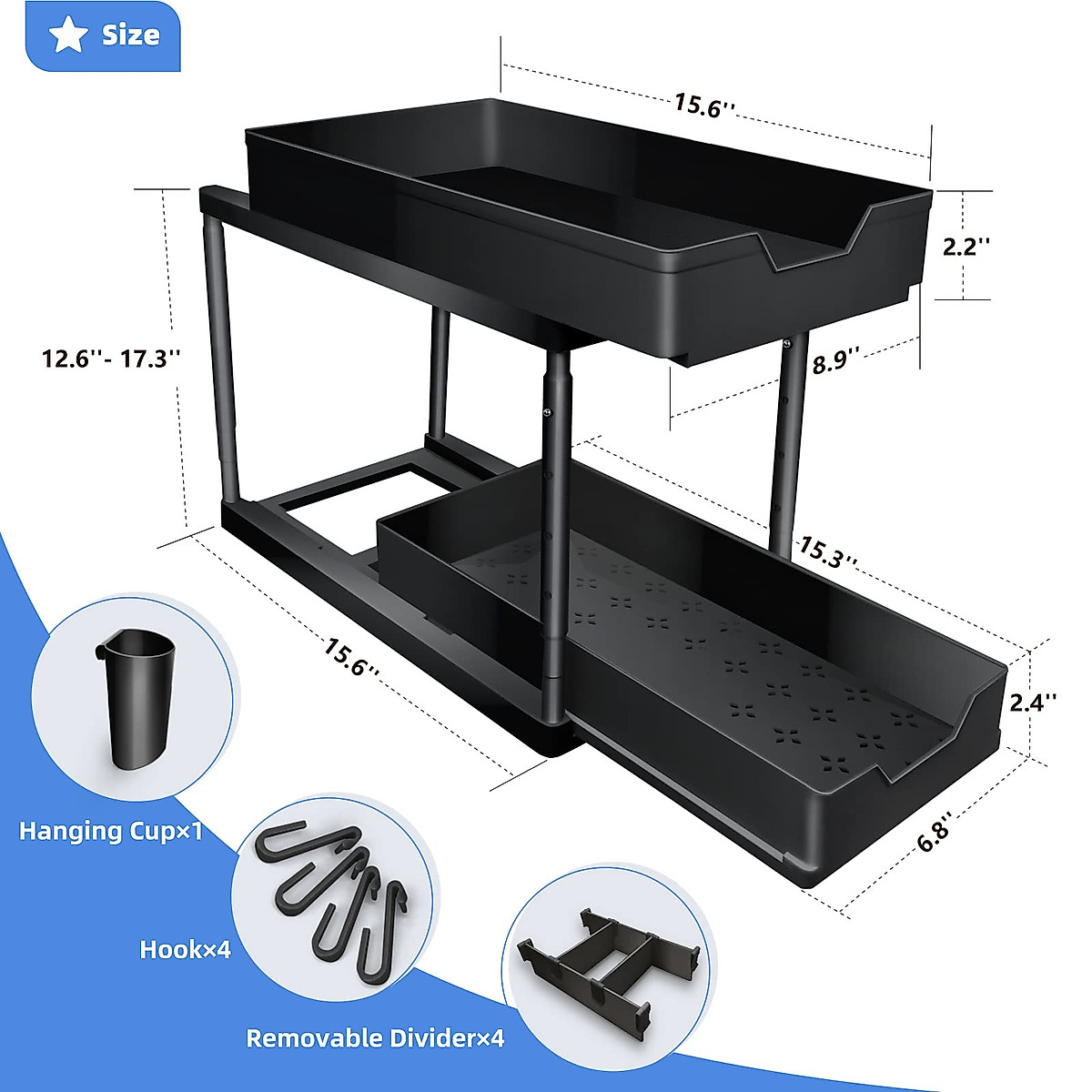 DIHUMK Under Sink Organizers and Storage for Bathroom Kitchen Cabinet 2 Tier Pull Out Double Shelf Drawer Black