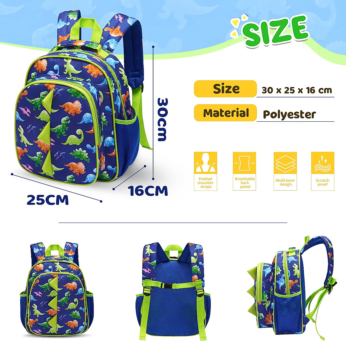 WAWSAM Watercolor Dinosaur Toddler Backpack - Mini Backpack for Baby Boys Kids Preschool School Kindergarten Nursery with Dinosaur Horn Kids Schoolbag for Hiking Travel Book Bags