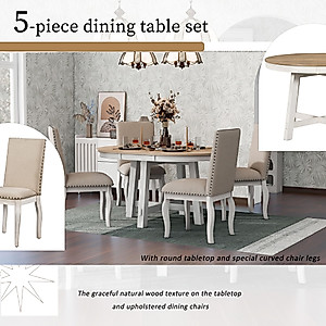 Harper & Bright Designs Kitchen Dining Table Set for 4, 5 Pcs Wooden Round Extendable Dining Table and 4 Upholstered Dining Chairs, Oak Natural Wood
