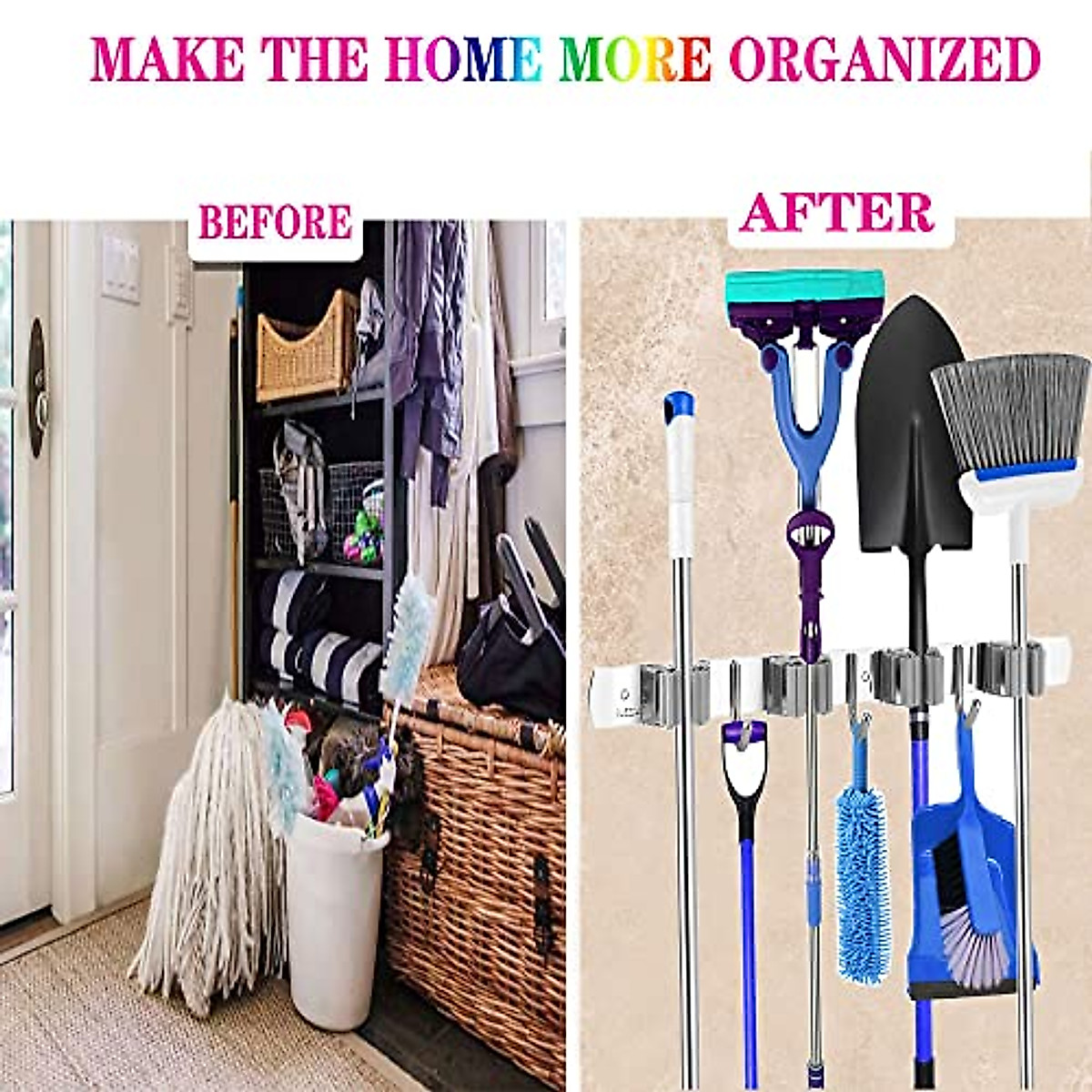 Bosszi Mop and Broom Holder, 3 Positions 4 Hooks Heavy Duty Hanger Wall Mounted Stainless Steel Organizer for Holders, Home Laundry Bathroom, Garage Storage System Utility Tools Rack Storage, Grey