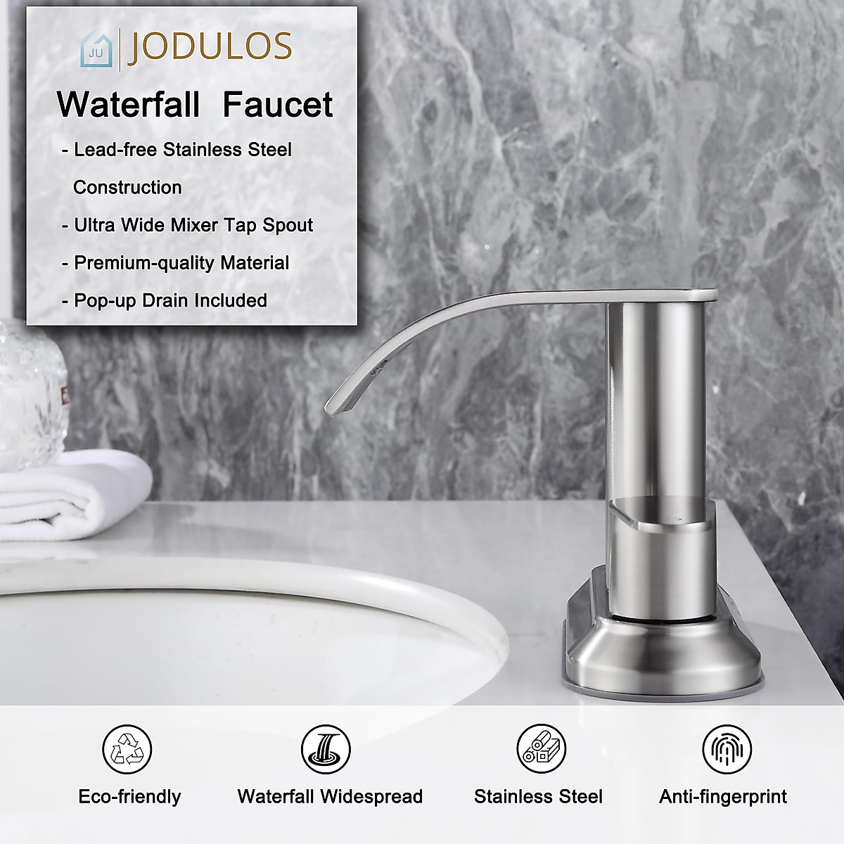 Jodulos 4 inch Centerset 3 Hole Bathroom Faucets Brushed Nickel, Center Set Faucet with cUPC Supply Lines, 2 Handle Waterfall Bathroom Sink Faucet with Pop Up Drain Stopper JU-DE-201-BN