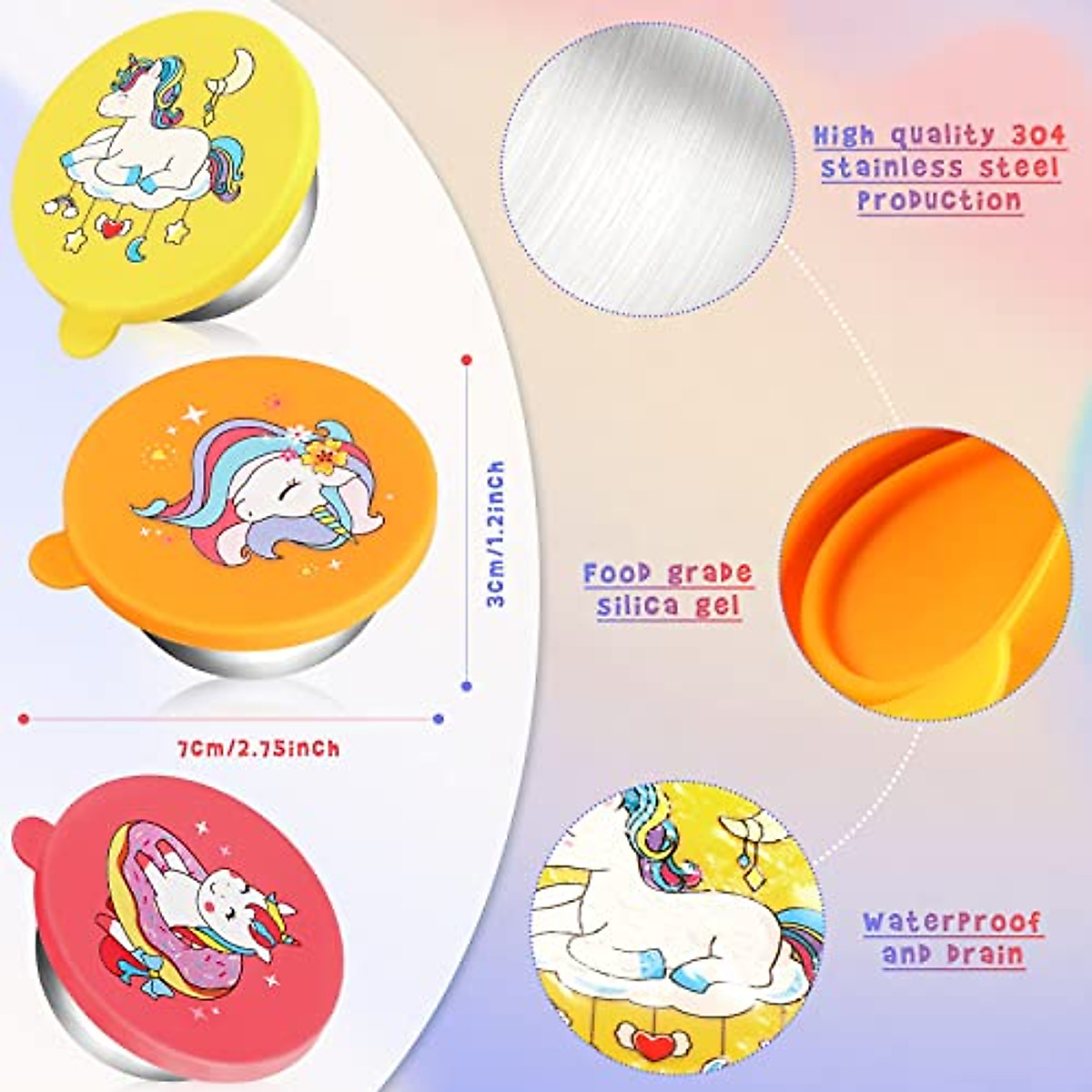 6 Pcs Unicorn Salad Dressing Containers to Go 1.9 oz Kid Condiment Sauce Containers Stainless Steel Small Containers with Lids Silicone Lid Bento Box Accessories Leakproof Condiment Cup for Food