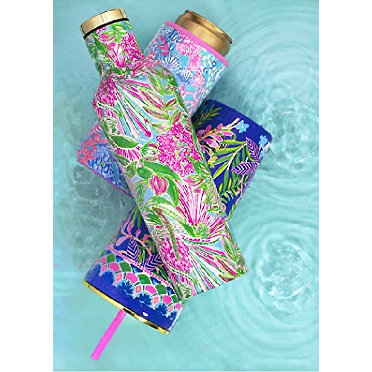 Lilly Pulitzer Slim Can Cooler, Double Wall Stainless Steel, Insulated Drink Sleeve for 12 Oz Skinny Bottles and Seltzers, Splendor in the Sand