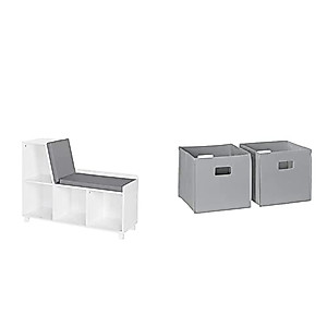 RiverRidge Book Nook Collection Kids Cubbies Storage Bench, White & 2 Pc Storage Set in Gray Folding Bin, 2 Count