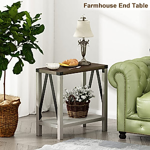 ChooChoo Farmhouse End Table Set of 2, Narrow Side End Table with Storage Shelf, Rustic A-Design Nightstand Sofa Table for Living Room, Bedroom(White&Brown)